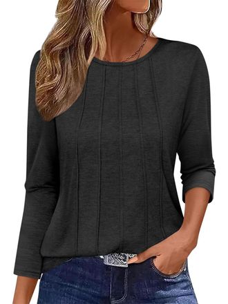 Onsoyours Shirt Damen 3/4 Arm Rundhals Mit Falten Tshirt Leichte Pullover Sommer Herbst Oberteile Casual Basic T-Shirts A Schwarz XXL
