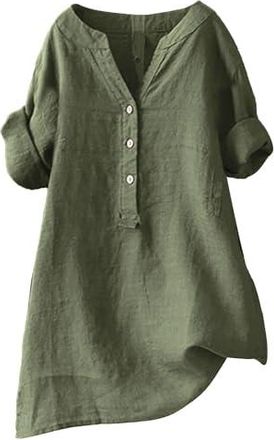 Generic Chemises d&eacute;t&eacute; pliss&eacute;es en lin 2025 pour femmes, hauts en gaze pliss&eacute;s brod&eacute;s, v&ecirc;tements de f&ecirc;te d&eacute;contract&eacute;s &agrave; manches 3/4, col montant, surdimensionn