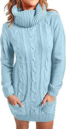 Generic Robes amincissantes pour dames, automne-hiver, coupe ajust&eacute;e, manches longues, col roul&eacute; pliss&eacute;, col rond, robe pull en tricot, bleu, XXL