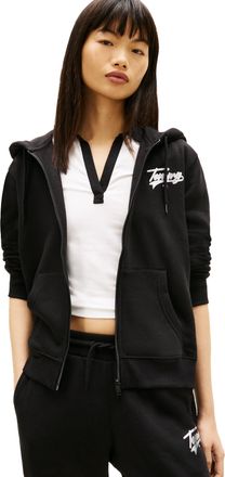Tommy Jeans Damen-Kapuzenpullover mit Rei&szlig;verschluss, mittelschwer, mit aufgedrucktem Logo und Kordelzug, Schwarz, XL