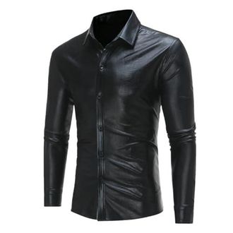 Generic Chemise en Cuir pour Hommes Manteau De Discoth&egrave;que Enduit M&eacute;tallique Argent Or Noir Manches Longues Boutonn&eacute; Hiver Automne