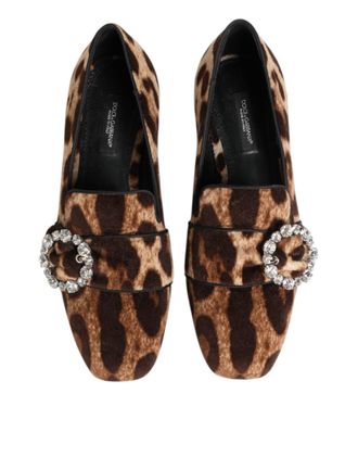Dolce & Gabbana Womens Leopard Print Crystal-Embellished Loafer Brown Cotton Viscose