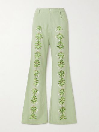 Alix of Bohemia Pantalon &Eacute;vas&eacute; En Soie Flamm&eacute;e &Agrave; Broderies Charlie - Vert