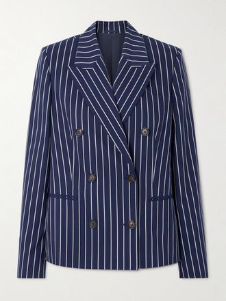 Brunello Cucinelli Blazer À Double Boutonnage En Coton Et Soie Mélangés À Rayures - Bleu