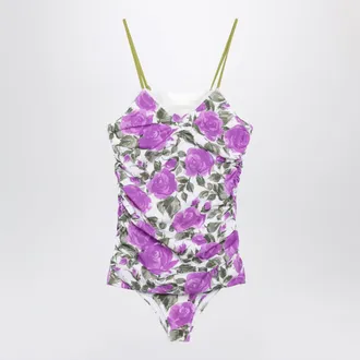 Chlo&eacute; Geraffter Body mit Rosenprint aus Spitze, wei&szlig;/violett