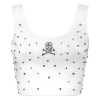 Philipp Plein Femme, Tops, Blanc, Taille: 42 FR Jersey Rib Cropped Top Stones
