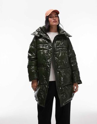 Topshop Mittellange Pufferjacke in Dunkelgrün mit Kapuze