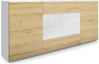 Vladon Sideboard Rova, Made in Germany, Kommode mit 4 Türen und 4 Schubladen, Weiß matt/Eiche Natur/Weiß Hochglanz (166 x 72 x 35 cm)