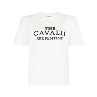 Roberto Cavalli Femme, Tops, Blanc, Taille: 40 FR T-Shirt en Coton Imprimé Logo Coupe Carrée