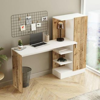 Pier Import Bureau ado blanc d&eacute;cor bois avec rangement et &eacute;tag&egrave;res MARFA