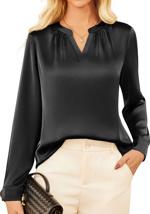 Grace Karin Elegant Festliche Oberteile Damen Langarm Longbluse Satin Party Oberteil Herbst Damenblusen Casual Tunika Tops Schwarz M