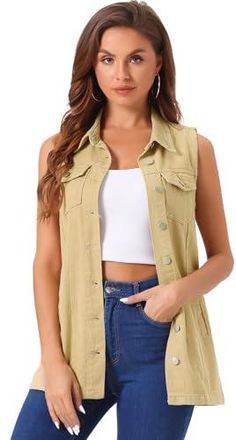 Allegra K Veste en jean décontractée boutonnée sans manches mi-longue pour femme Kaki L