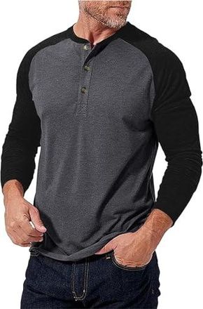 Generic Chemise Henley &agrave; manches longues boutonn&eacute;e et col Henley pour homme - L&eacute;ger et respirant - Manches longues raglan - Printemps et automne - Confortable