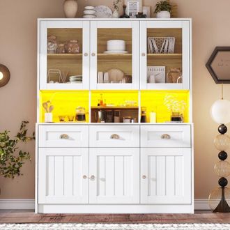 Liberte Buffet haut de cuisine (140&times;40&times;175 cm), vitrine avec &eacute;tag&egrave;res r&eacute;glables, avec &eacute;clairage LED, couleurs d&eacute;clairage variables, noir