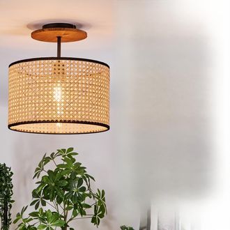 HOFSTEIN Deckenleuchte Ramila, Deckenlampe aus Metall/Holz/Rattan/Wienergeflecht/Stoff in Schwarz/Natur, runde Boho-Leuchte (Schirm &Oslash; 35 cm), E27, Esszimmer, W