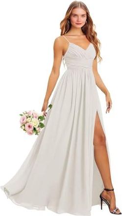 Generic Robe de demoiselle dhonneur longue en mousseline de soie avec poches et bretelles spaghetti plissée avec fente pour femme, ivoire, 34