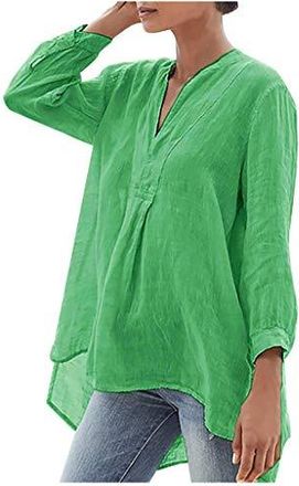 Generic Chemisier en mousseline pour femme - Manches longues - Chemisier en lin pour femme - Manches longues - Col en V - Grande taille - Chemise en lin ample