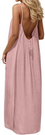 Generic Robe caraco dos nu pour femme, robe d&eacute;t&eacute; longue avec noeud dans le dos, robe d&eacute;t&eacute; ample et fluide sans manches, v&ecirc;tements de vacances &agrave; la plage, rose