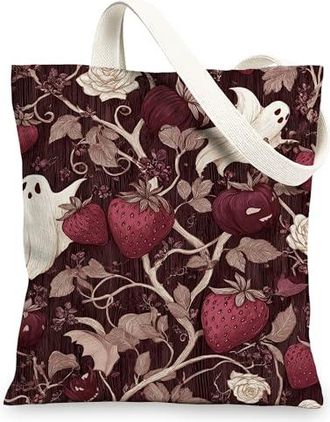 Generic Sacs fourre-tout en toile motif fantôme et fraise, motif floral vintage, sacs de courses réutilisables, légers, lavables et respectueux de lenvironnem