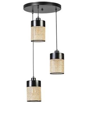 Opviq Elegant Rattan Chandelier, Adjustable Height 70 cm, Metal Body with Natural Rattan Cap, E27 Socket, 14 cm Cap Diameter, Stylish Black Finish for Moder