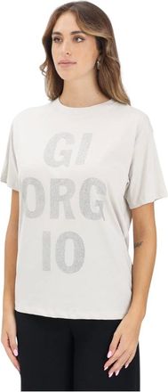 A|X Armani Exchange Femme, Tops, Blanc, Taille: 42 FR T-shirt beige à manches courtes avec impression Giorgio