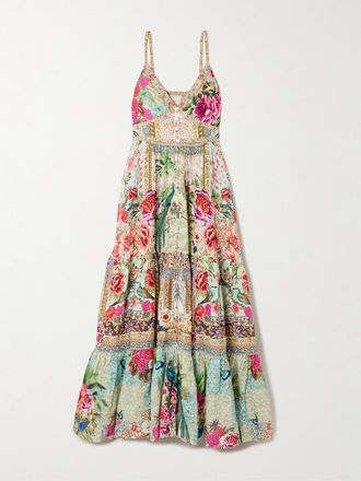Camilla Maxikleid Aus Leinen Mit Blumenprint Und Kristallen - Mehrfarbig