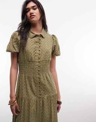Daisy Street robe longue boutonn&eacute;e en broderie anglaise vert olive