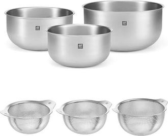 Zwilling Prep Schüsselset, 3-tlg, 18/10 Edelstahl, Salatschüssel, Rührschüssel, Durchmesser: 17, 21 & 25 cm, Silber + passende Table Siebe, 3tlg., Edelstahl