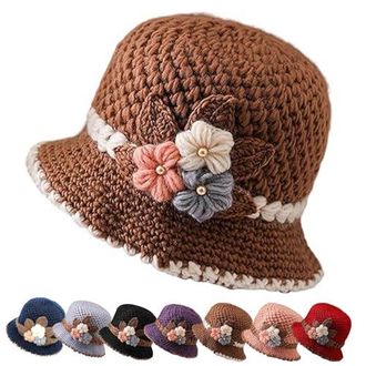 Generic Chapeau de laine tricot&eacute; &agrave; fleurs pour femme, chapeau en laine tricot&eacute;e &agrave; fleurs pour femmes, chapeaux mignons pour femmes, kaki, Taille unique