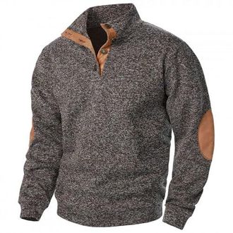 Generic Pull en tricot torsad&eacute; &agrave; col montant pour homme, pull &agrave; col montant 1/4 de bouton, sweat-shirt jacquard tricot&eacute; avec patch au coude, caf&eacute;, XXL
