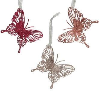 Decoris Christbaumschmuck Kunststoff 8cm x 3 St&uuml;ck Sortiert Glitzer Schmetterlinge bruchsicher rosa Mix