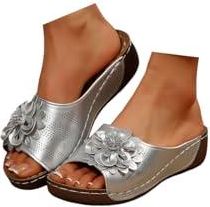 Generic Sandales larges pour femme, sandales et claquettes compens&eacute;es, chaussures d&eacute;t&eacute; &agrave; enfiler avec accents m&eacute;talliques, confortables et habill&eacute;es pour la m
