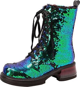 Generic Bottines à paillettes tendance pour femme - En automne et en hiver - Confortables - Bout rond - Talon carré - Talon épais - Demi-bottes pour femme, a,