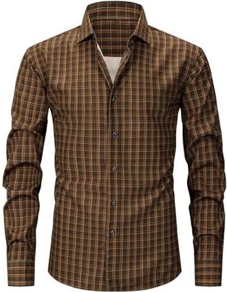 Generic Chemise &agrave; carreaux &agrave; manches longues pour homme - Col rabattu - Chemise traditionnelle avec boutonni&egrave;re - Chemise daffaires - Coupe ajust&eacute;e - Chemise 