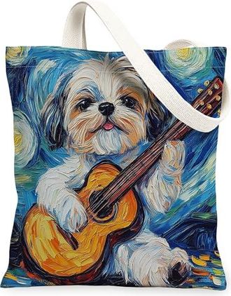 Generic Shih Tzu Sac fourre-tout en toile pour faire du shopping Motif chien 33 x 38,1 cm, motif guitare &eacute;toil&eacute;e, sac &agrave; bandouli&egrave;re r&eacute;utilisable pour femme, a