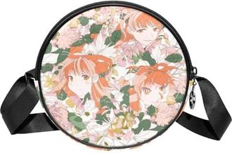 Generic Petit sac &agrave; bandouli&egrave;re circulaire pour femme, motif feuilles florales, sac &agrave; bandouli&egrave;re avec fermeture &eacute;clair, bretelles r&eacute;glables, sac &agrave; main rond 