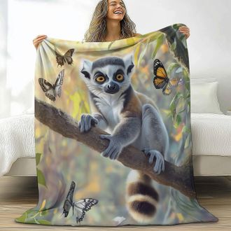 Generic Surrealismus Bedruckt Sherpa Decke Werfen 150 x 200 cm, Lemur Schmetterlingsblätter Weiche Plüsch Überwurfdecke für Bett Couch Sofa Büro Camping Wohnz