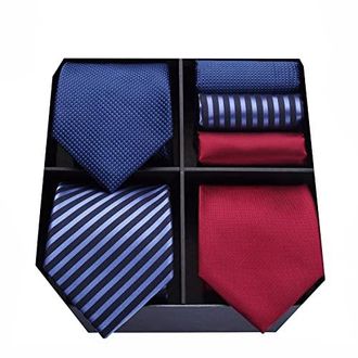 Hisdern Lot 3 PCS Cravate Homme Polka Dot Check Stripe Solide Couleur Mouchoir de mariage Cravate et Pocket Square -Plusieurs ensembles - Couleur Bleu et bord