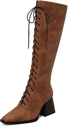 Smilice Femmes Confort Bottes &agrave; Talons Blocs Bottes longues Lacets Up Bottes Jusquaux Genouxavec Bout Carr&eacute;