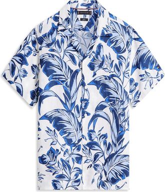 Tommy Hilfiger Leinen-Kurzarmhemd mit floralem Print und Resort-Kragen, Regular in