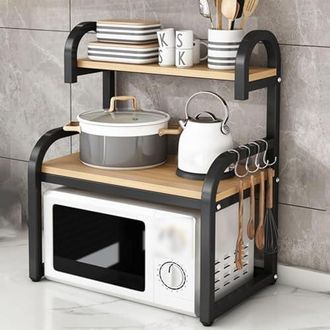 Generic Support &agrave; Micro-Ondes en Bois &agrave; 2 Niveaux, &eacute;tag&egrave;re de comptoir avec Crochets, Rangement de Cuisine for appareils &eacute;lectriques, Vaisselle, Condiments(Bl