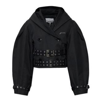 Ganni Femme, Vestes, Noir, Taille: 40 FR Bonded Cotton Short Trench Jacket