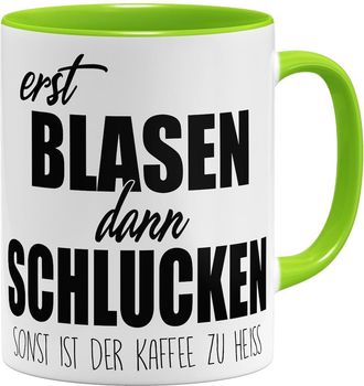 OM3 witzige Kaffee-Tasse mit Spruch - Erst Blasen dann Schlucken - zweideutig - Statement - Spruchtasse - Keramik Becher - 325ml - Beidseitig Bedruckt - H