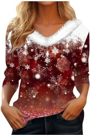 Generic Haut de Noël pour femme avec col en V imprimé en fausse fourrure graphique chemises de vacances à manches longues col en peluche T-shirt dhiver confor
