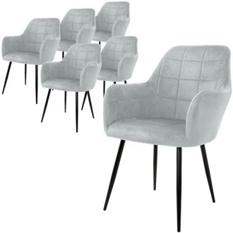 ECD Germany Lot de 6 Chaises de Salle &agrave; Manger Cuisine Salon S&eacute;jour - Gris - Assise Si&egrave;ge Rembourr&eacute;e en Velours Structure en M&eacute;tal Fauteuil R&eacute;tro avec Accoudoirs