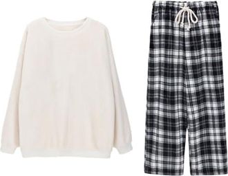 Minetom Femme Ensemble de Pyjama à Carreaux Automne Hiver Manche Longue Chaud Doux Polaire Vêtements de Nuit Deux Pièces Haut Tops et Pantalon B1 Noir XS