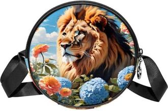 Generic Petit sac &agrave; bandouli&egrave;re circulaire pour femme, motif fleur de lion, sac &agrave; dos avec fermeture &eacute;clair, bretelles r&eacute;glables, sac &agrave; main rond d&eacute;contract&eacute; 