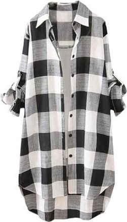 Generic Cardigan long pour femme - Boutonné - Ouverture sur le devant - Léger - Décontracté - À carreaux - Manches longues - Ourlet haut et bas - Chemise à ca