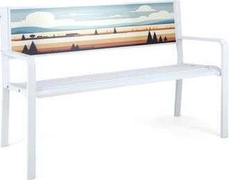 Costway Costway - Banc de Jardin Ext&eacute;rieur, Banc de Patio 2 Places en M&eacute;tal avec Dossier D&eacute;coratif, Assise &agrave; Lattes et Accoudoirs, 128 x 53 x 81,5 cm, Blanc
