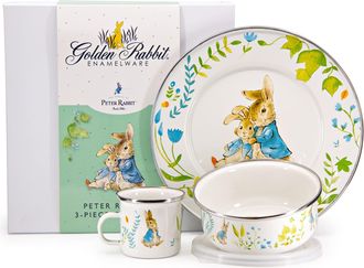 Golden Rabbit Emaillegeschirr Kindergeschirr-Set: Teller, Becher und Sch&uuml;ssel mit Deckel, Fr&uuml;hlingsbl&auml;tter